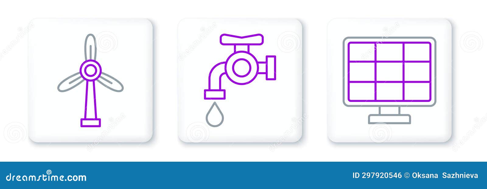 Set Line Solar Energy Panel, Wind Turbine and Water Tap Icon. Vector ...