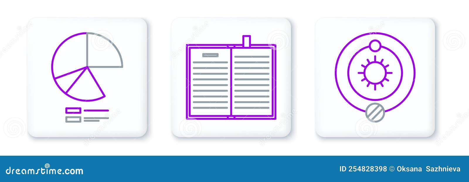 Set Line Solar System, Pie Chart Infographic and Open Science Book Icon ...