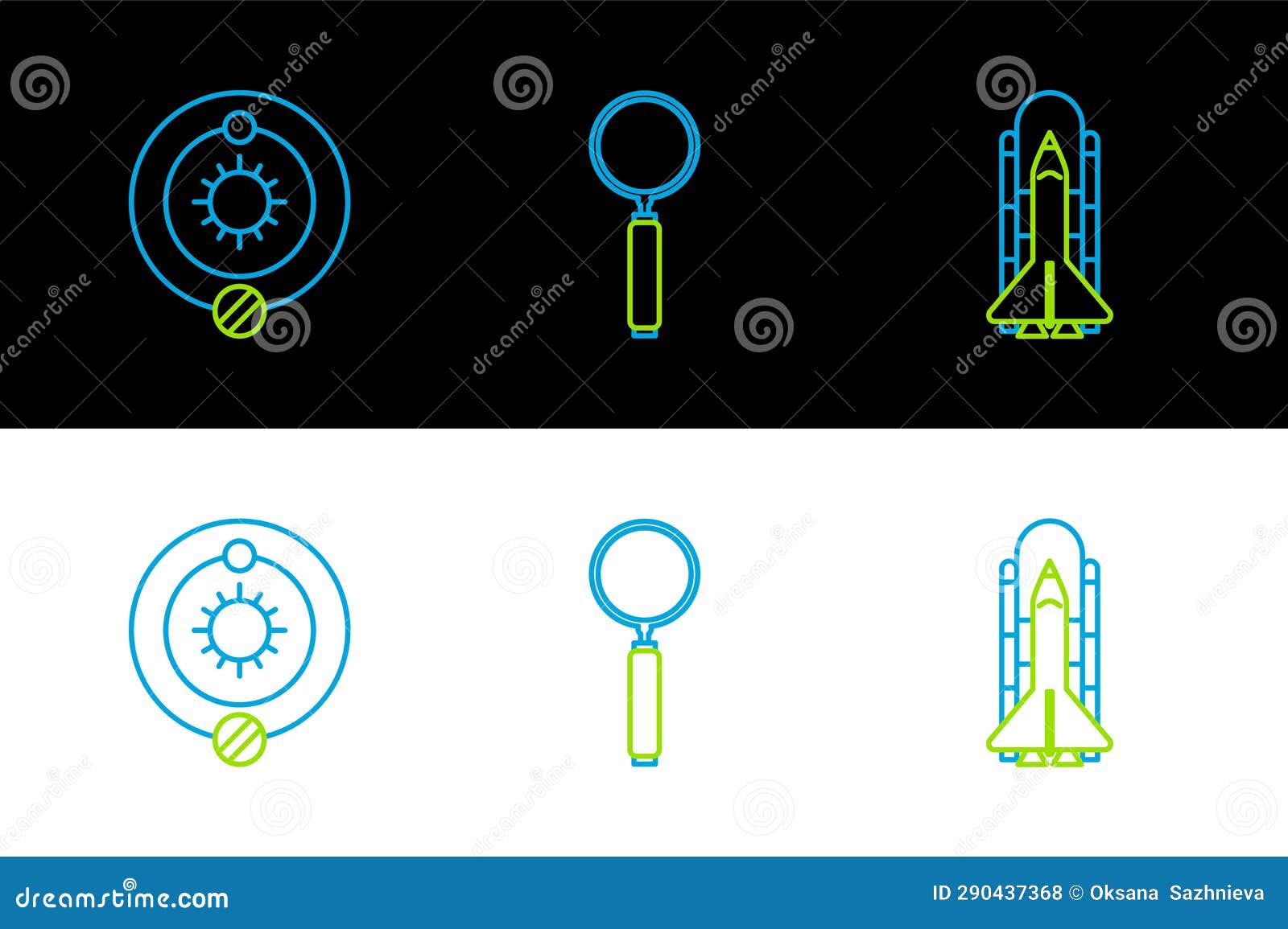 Set Line Space Shuttle and Rockets, Solar System and Magnifying Glass ...