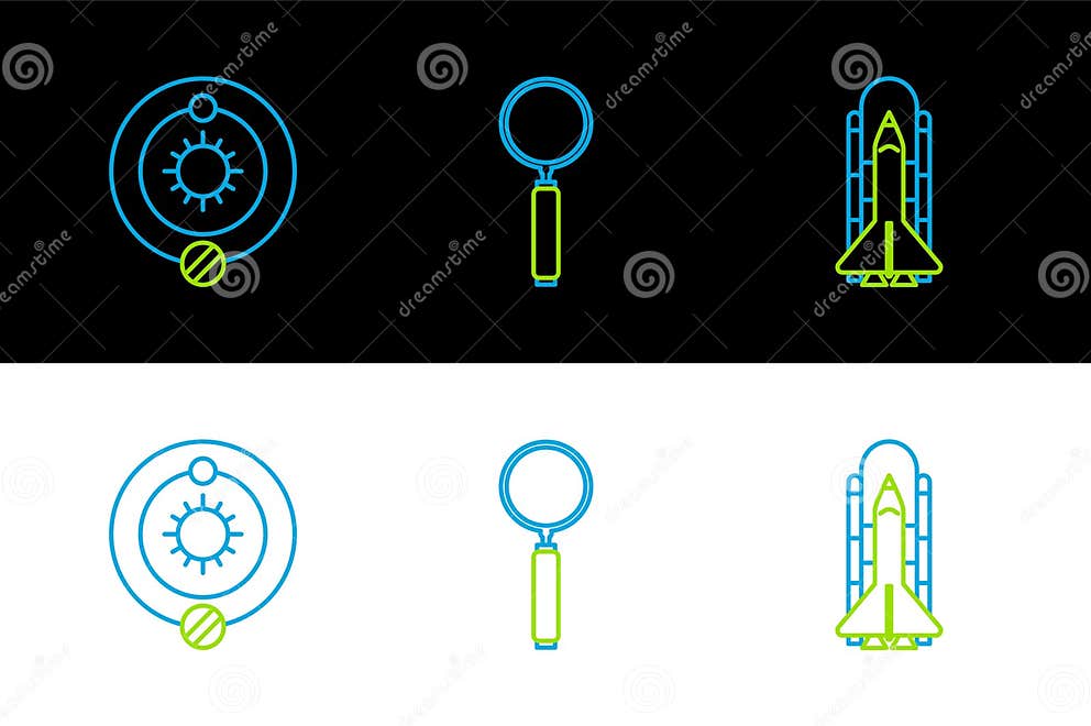 Set Line Space Shuttle and Rockets, Solar System and Magnifying Glass ...