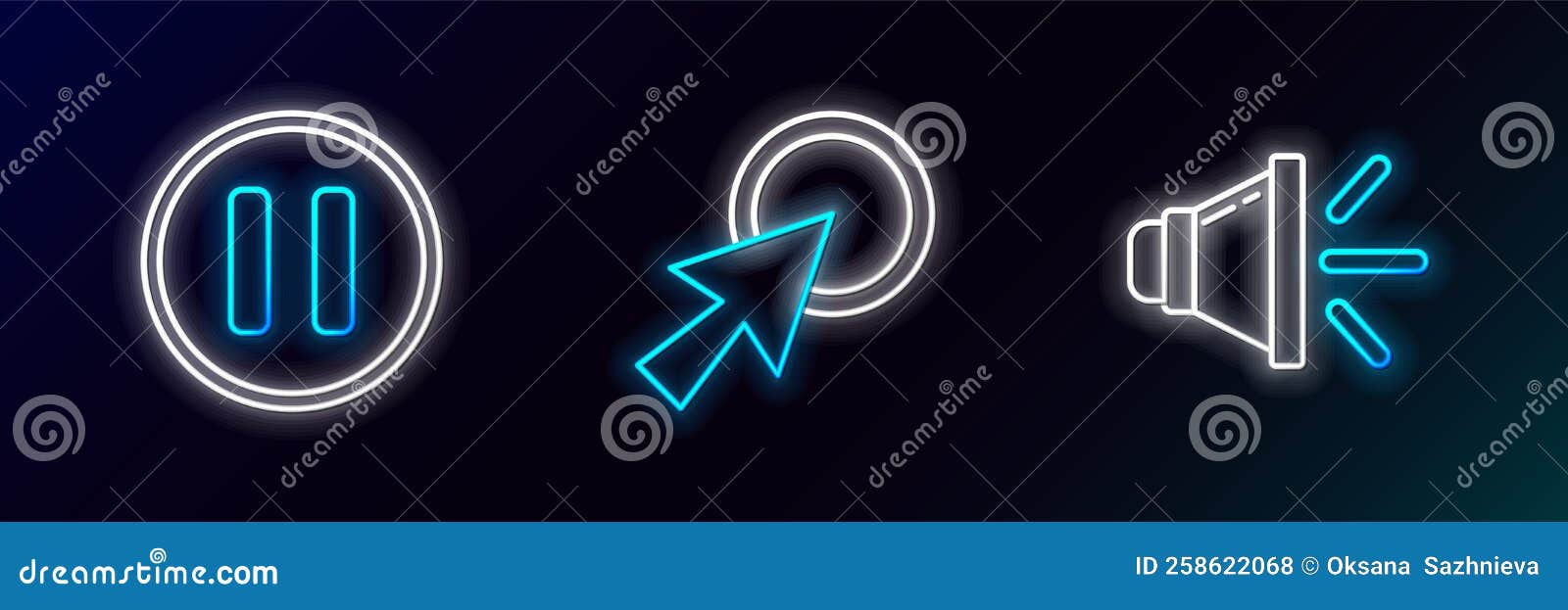 Set Line Speaker Volume, Pause Button and Arrow Cursor Icon. Glowing ... Set Line Speaker Volume, Pause Button and Arrow Cursor Icon. Glowing ...