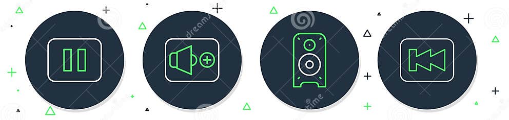 Set Line Speaker Volume, Stereo Speaker, Pause Button and Rewind Icon. Vector Stock Illustration ...