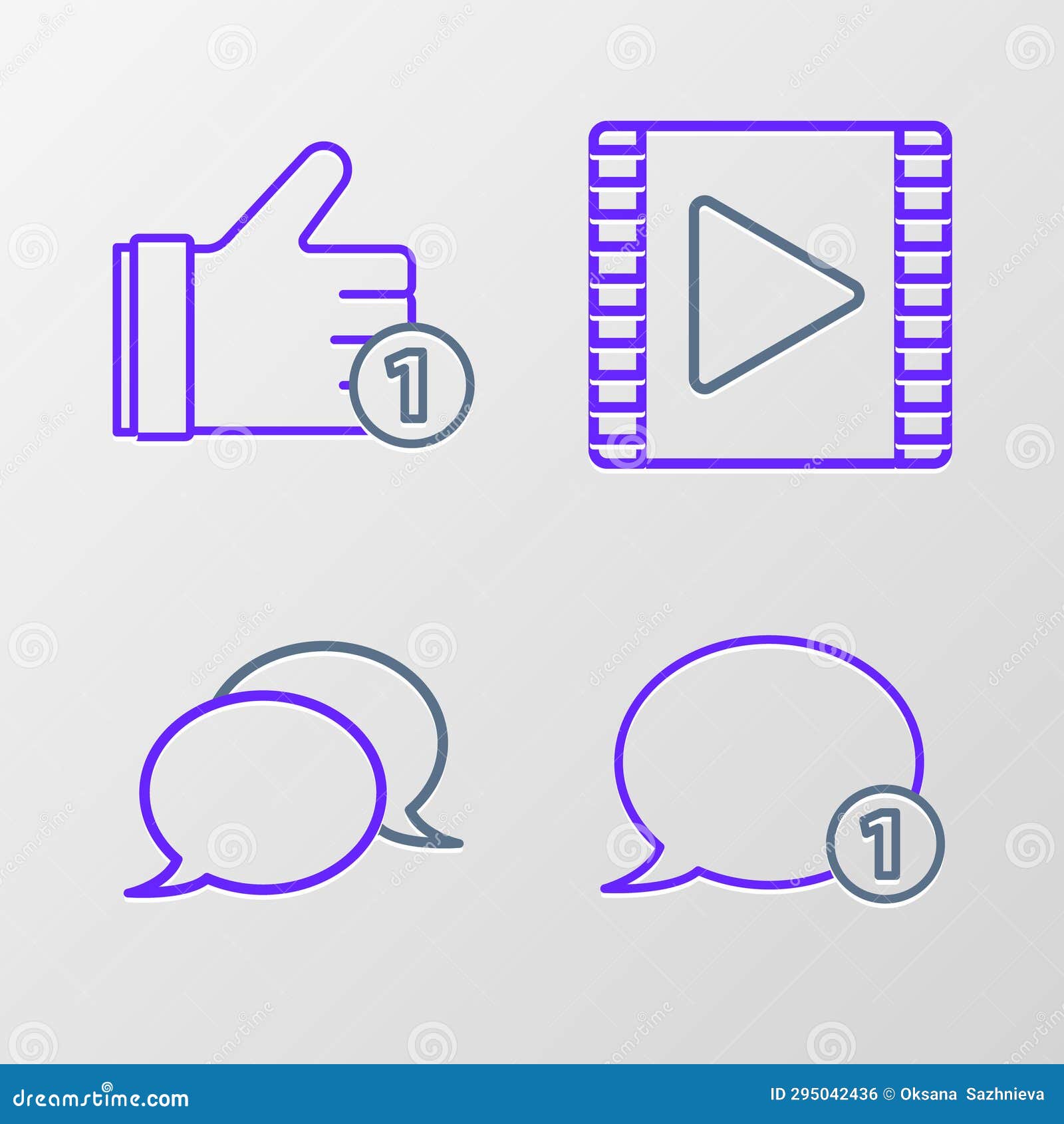 Set Line Speech Bubble Chat, Play Video and Hand Like Icon. Vector ...