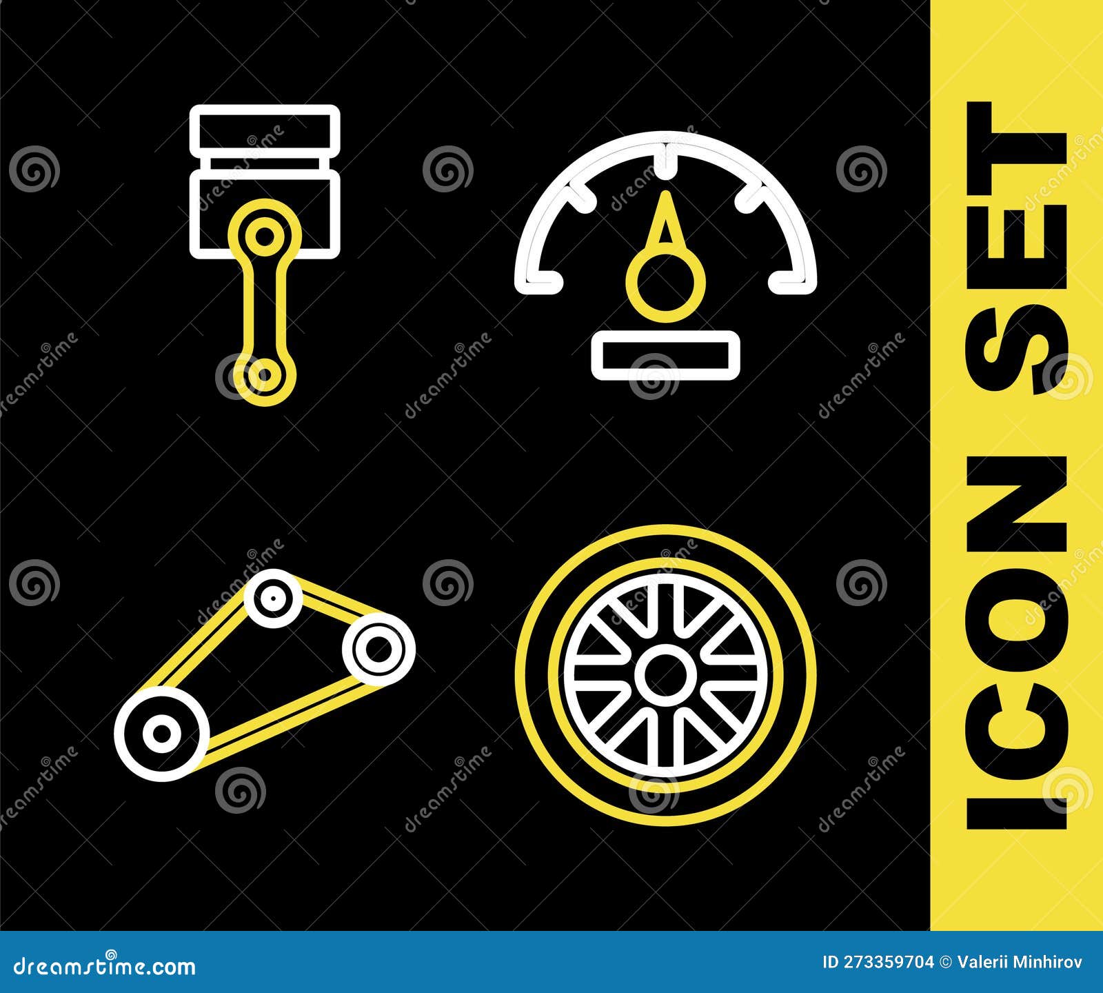 Set Line Speedometer, Car Wheel, Timing Belt Kit and Engine Piston Icon ...