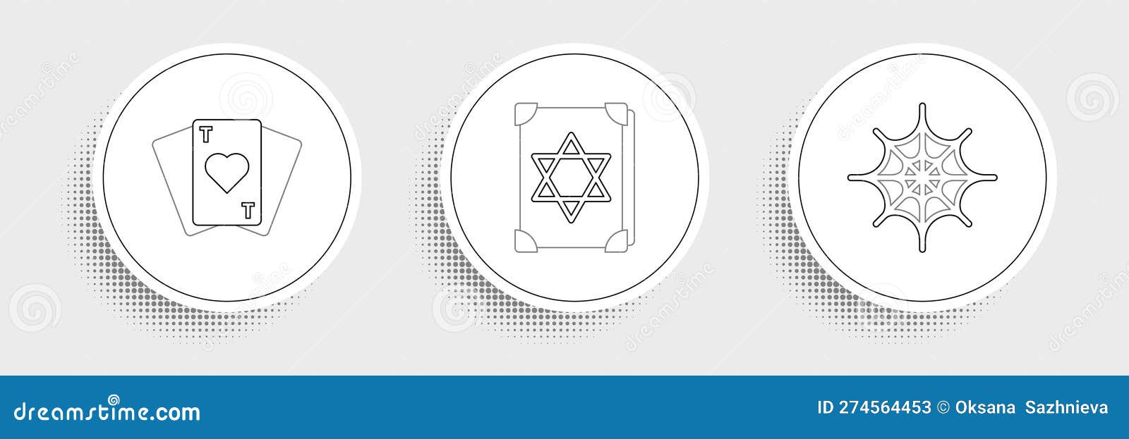 Set Line Spider Web, Playing Cards and Ancient Magic Book Icon. Vector ...