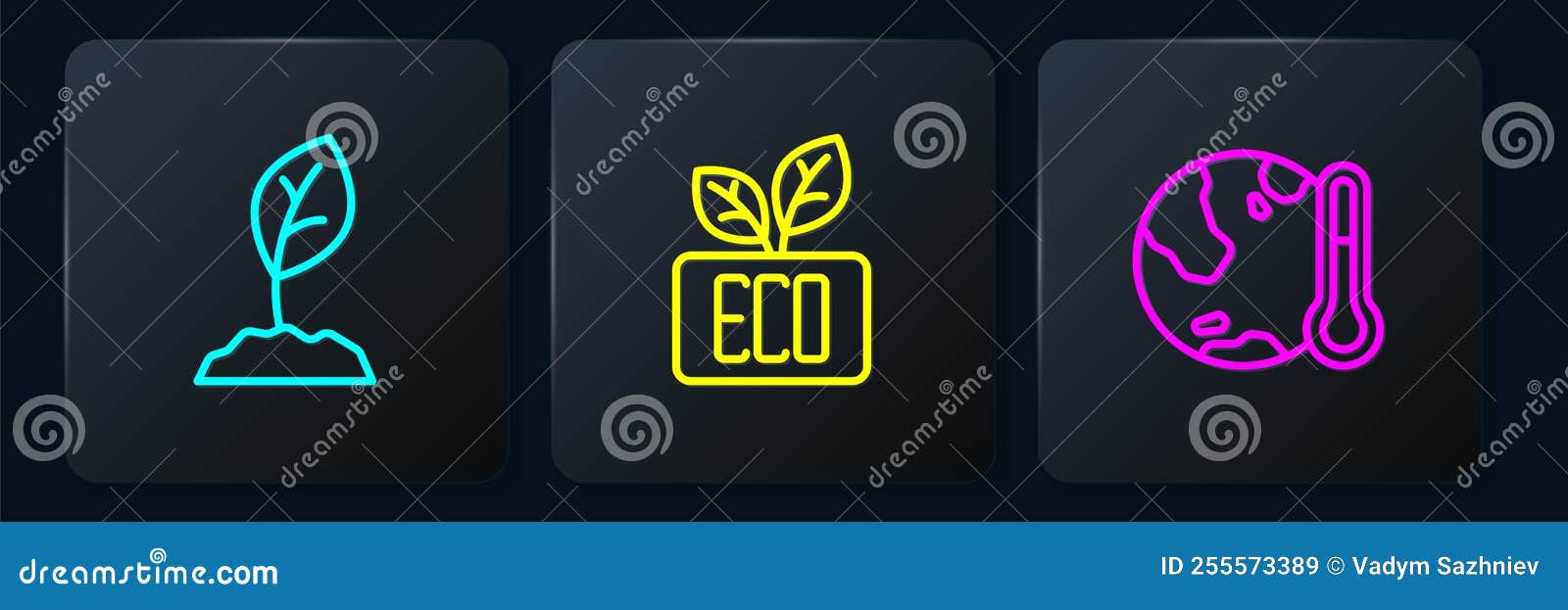 Set Line Sprout, Earth Melting To Global Warming and Leaf Eco Symbol. Black Square Button ...