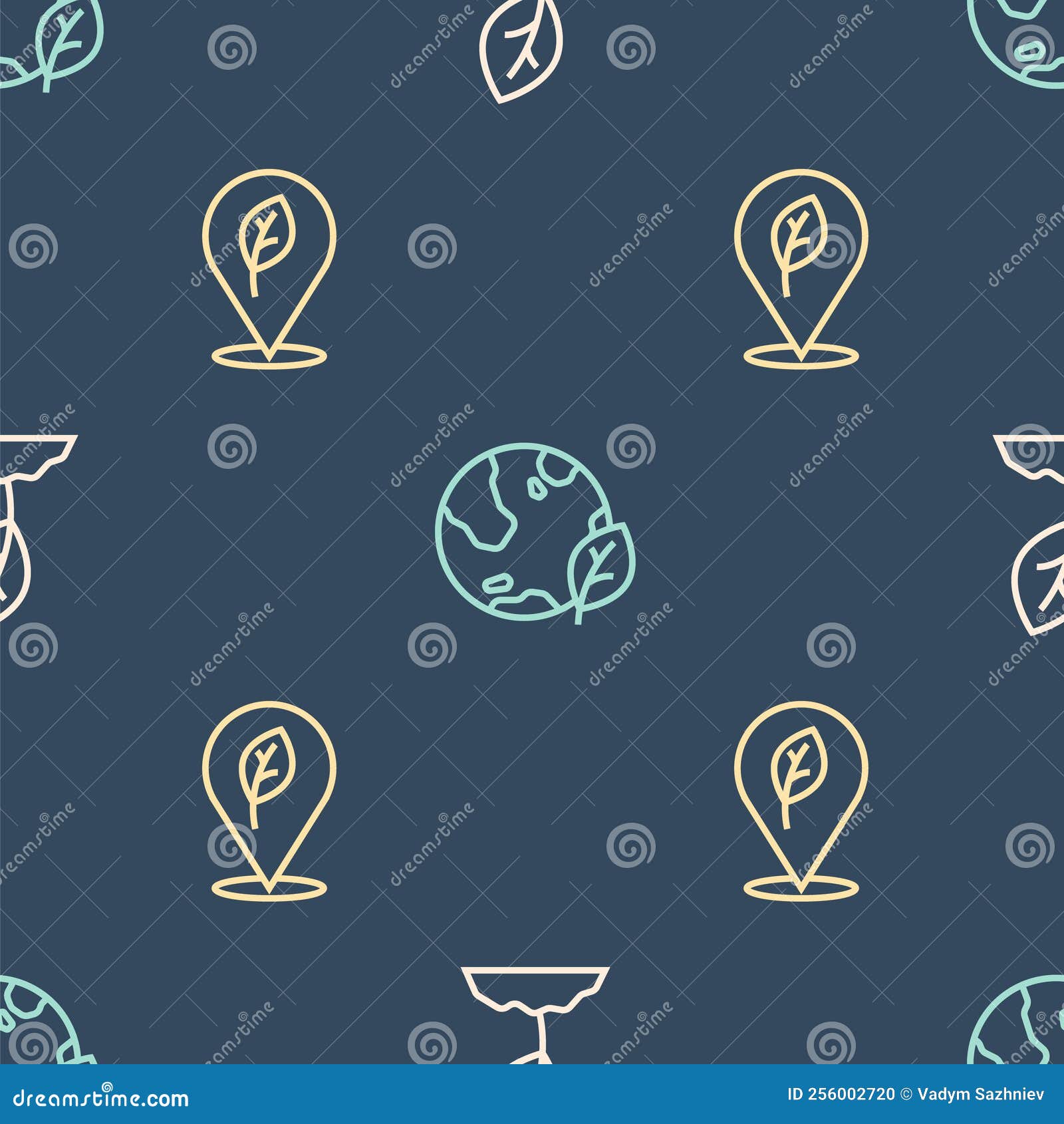 Set Line Sprout, Location with Leaf and Earth Globe and on Seamless ... Set Line Sprout, Location with Leaf and Earth Globe and on Seamless ...