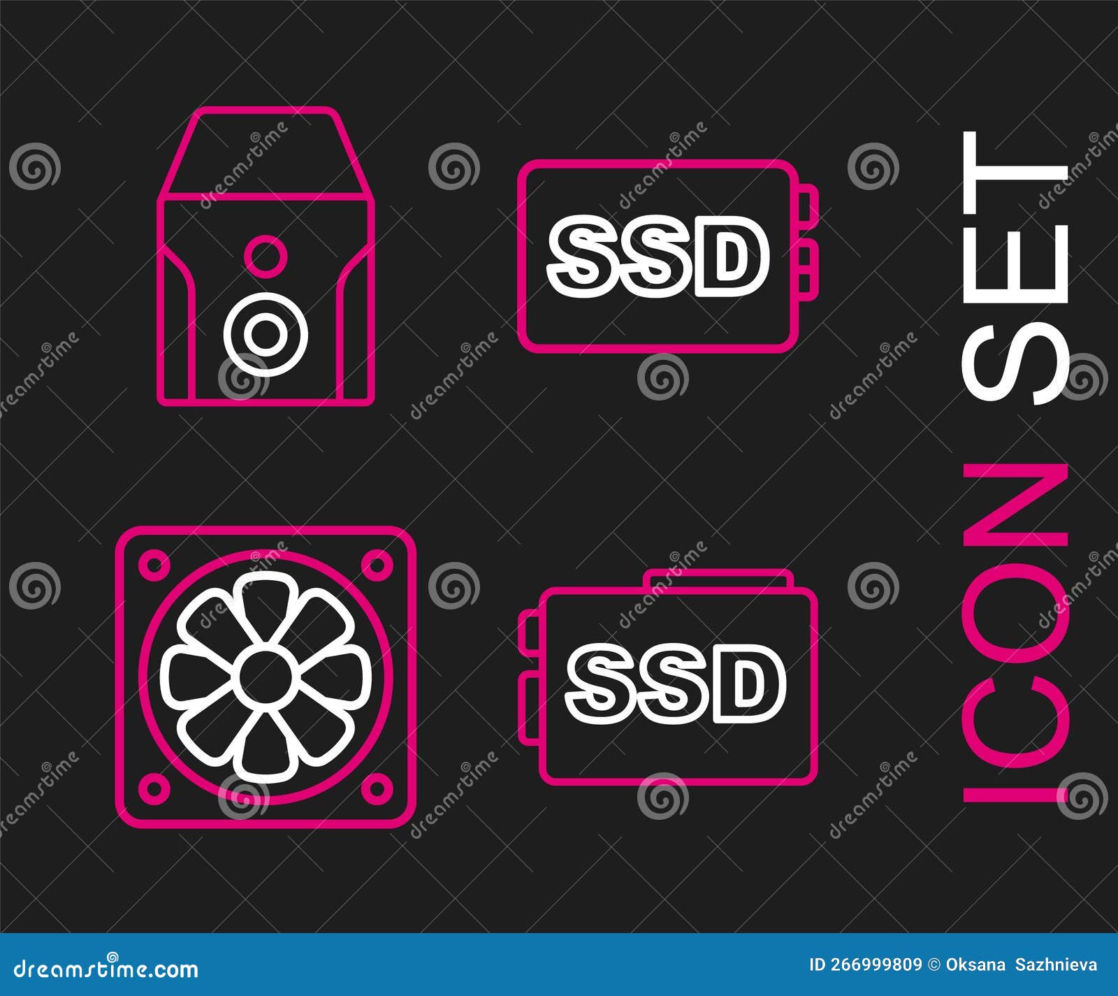 Set Line SSD Card, Computer Cooler, and Uninterruptible Power Supply Icon. Vector Stock ...