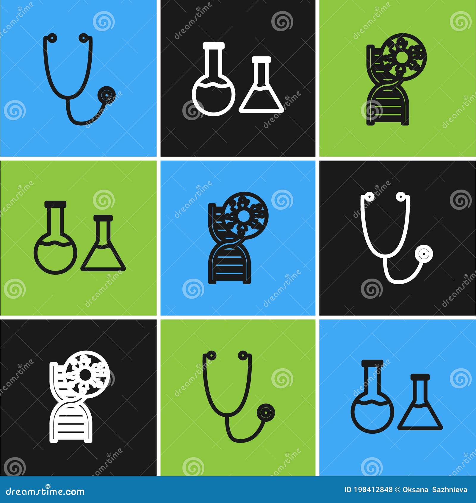 Set Line Stethoscope, DNA Symbol and Virus and Test Tube Flask Icon ...