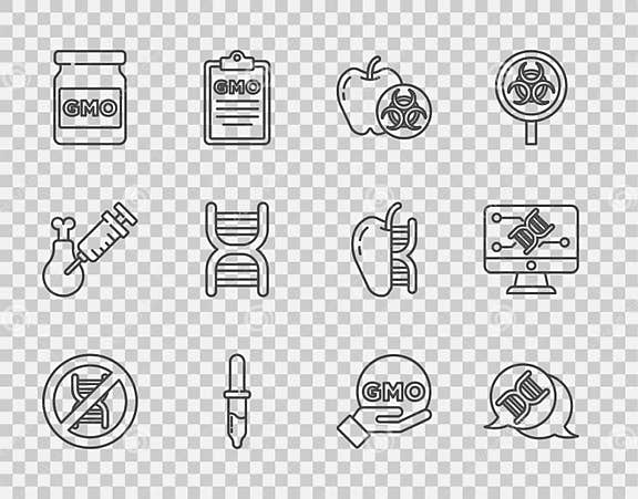 Set Line Stop GMO, DNA Symbol, Genetically Modified Apple, Pipette, and ...