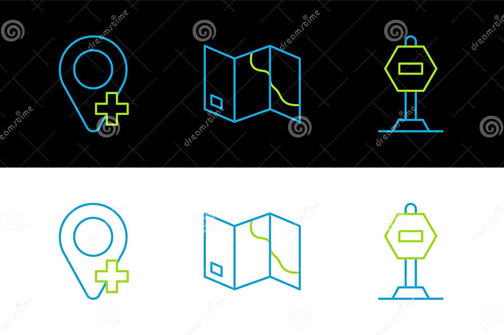 Set Line Stop Sign, Location and Folded Map Icon. Vector Stock Vector ...