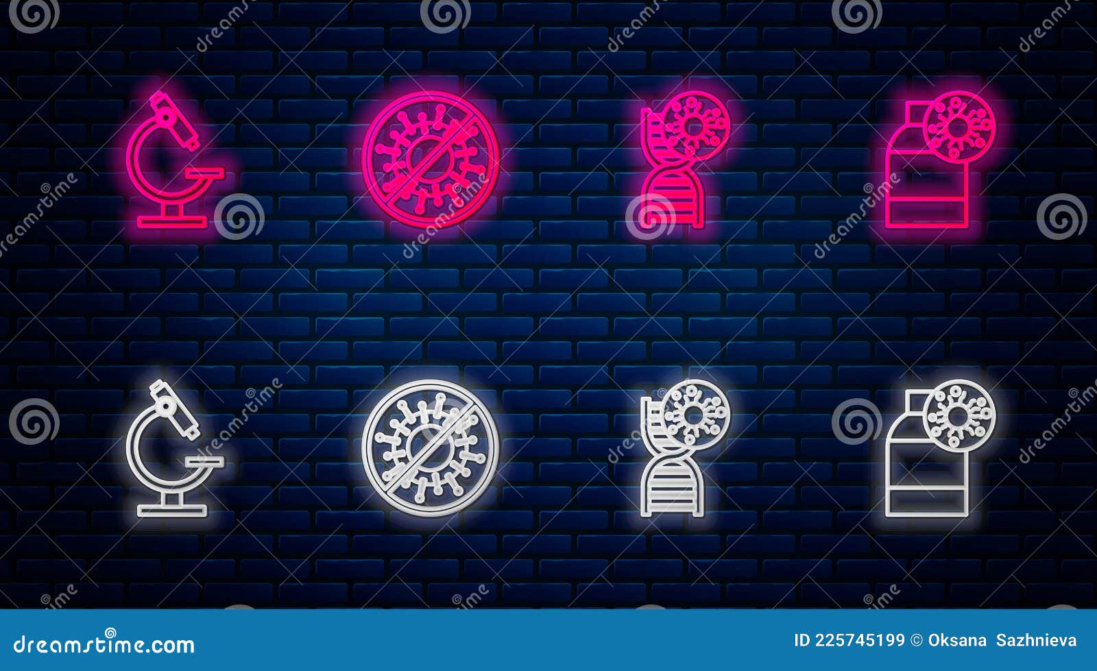 Set Line Stop Virus, DNA Symbol and, Microscope and Bottle with ...