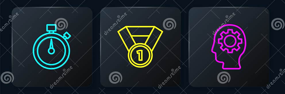 Set Line Stopwatch, Head with Gear Inside and Medal. Black Square ...