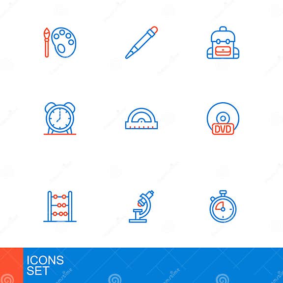 Set Line Stopwatch, Microscope, Abacus, CD or DVD Disk, Alarm Clock ...