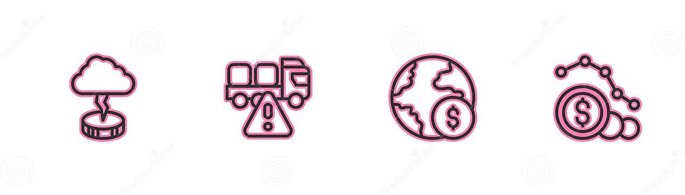 Set Line Storm, Global Economic Crisis, Stop Delivery Cargo Truck and Dollar Rate Decrease Icon ...