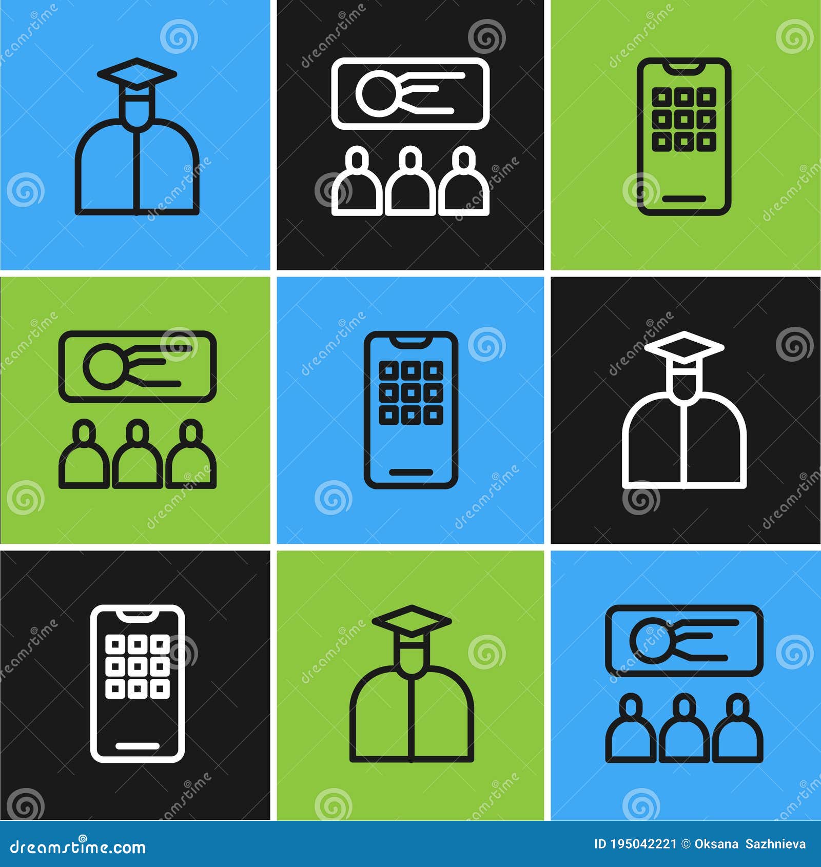 Set Line Student, Mobile Phone and Training, Presentation Icon. Vector ...