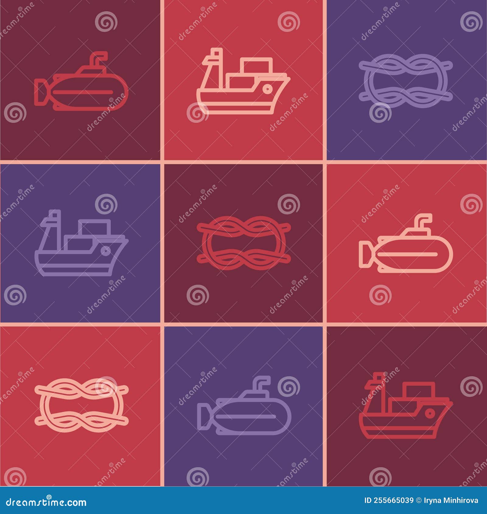 Set Line Submarine, Nautical Rope Knots and Cargo Ship Icon. Vector ...