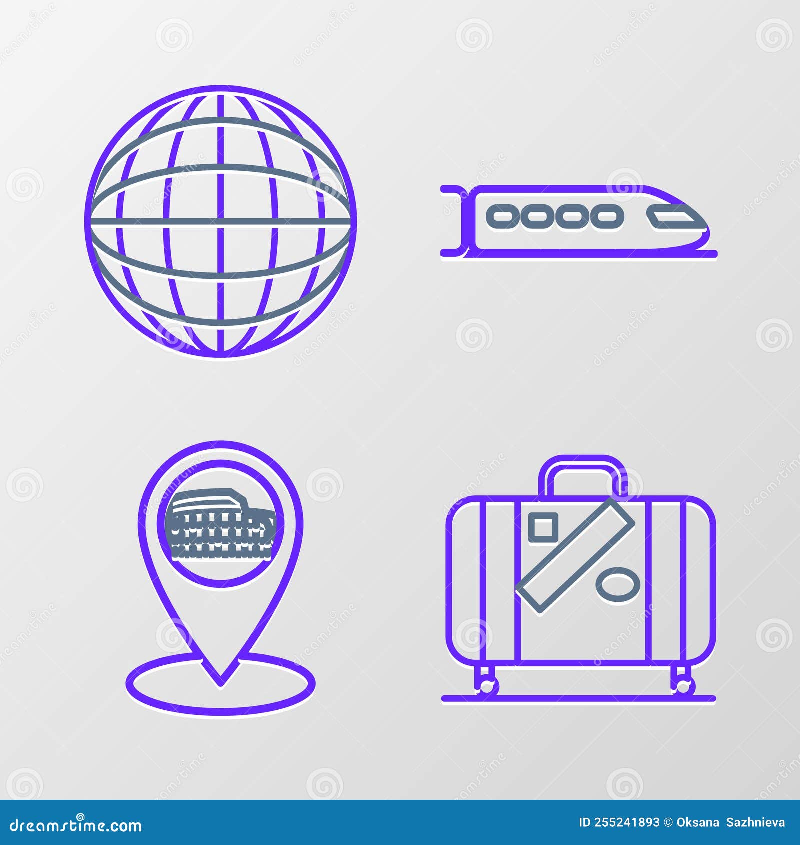 Set Line Suitcase for Travel and Stickers, Map Pointer with Coliseum in ...