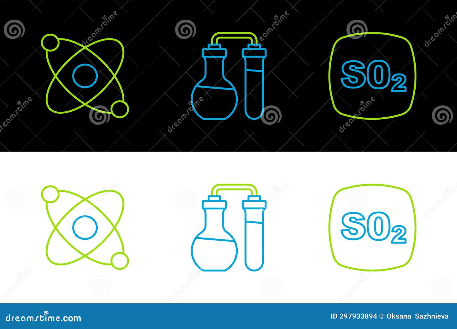 Set Line Sulfur Dioxide SO2, Atom and Test Tube Icon. Vector Stock ...