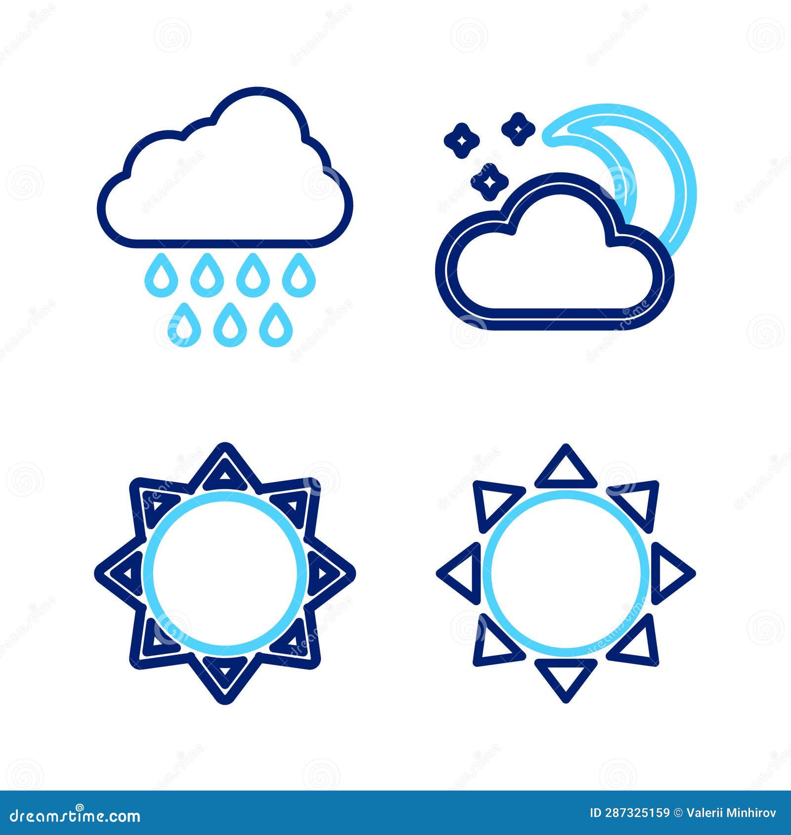 Set Line Sun, Cloud with Moon and Stars and Rain Icon. Vector Stock ...