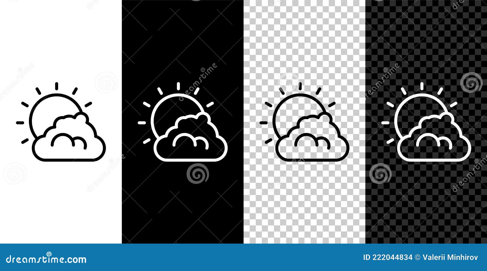 Set Line Sun and Cloud Weather Icon Isolated on Black and White ...