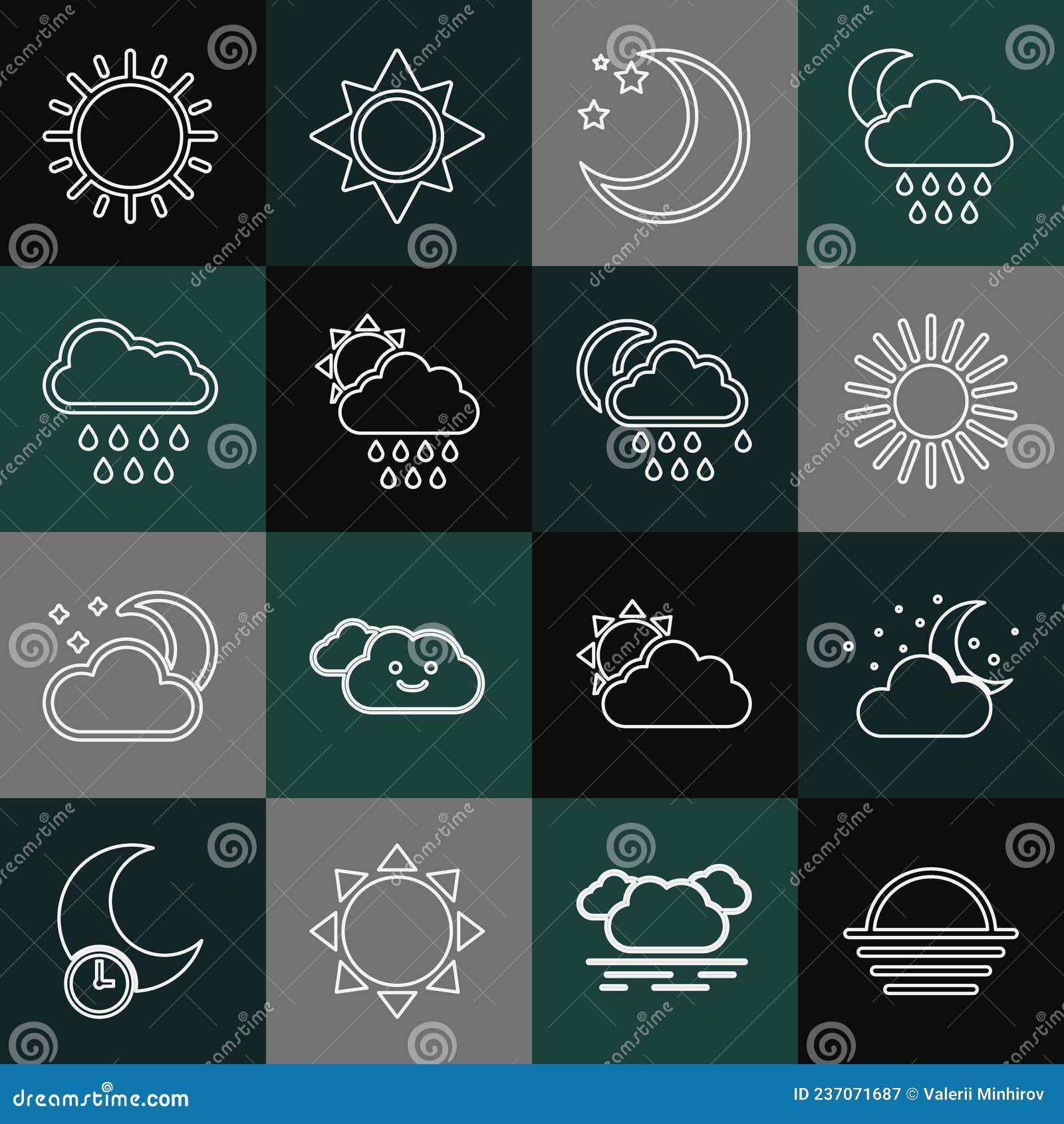 Set Line Sunset, Cloud with Moon and Stars, Moon, Rain Sun, and Icon ...