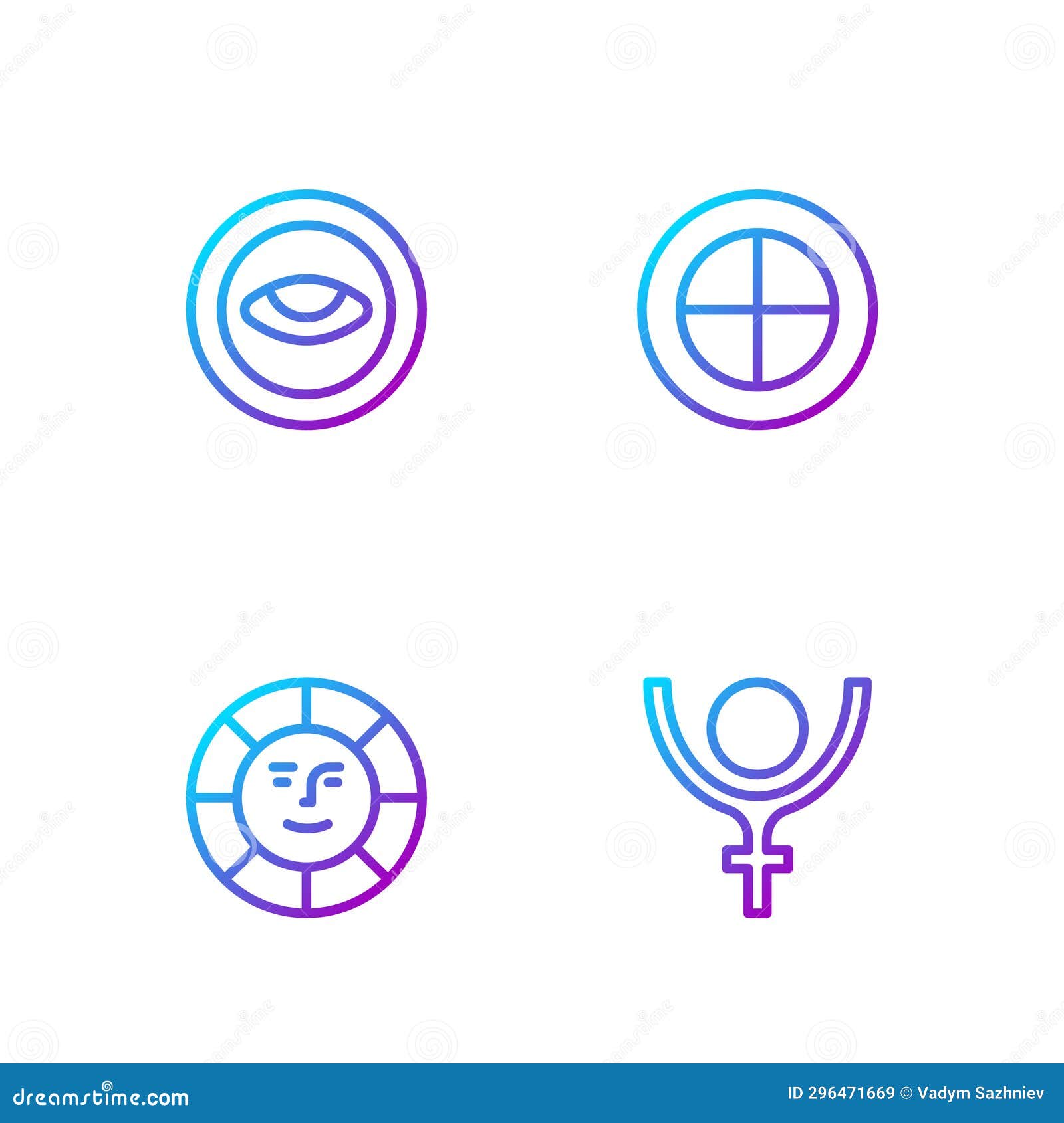 Set Line Symbol Pluto, Sun, Medallion with Eye and Earth Globe. Gradient Color Icons. Vector ...
