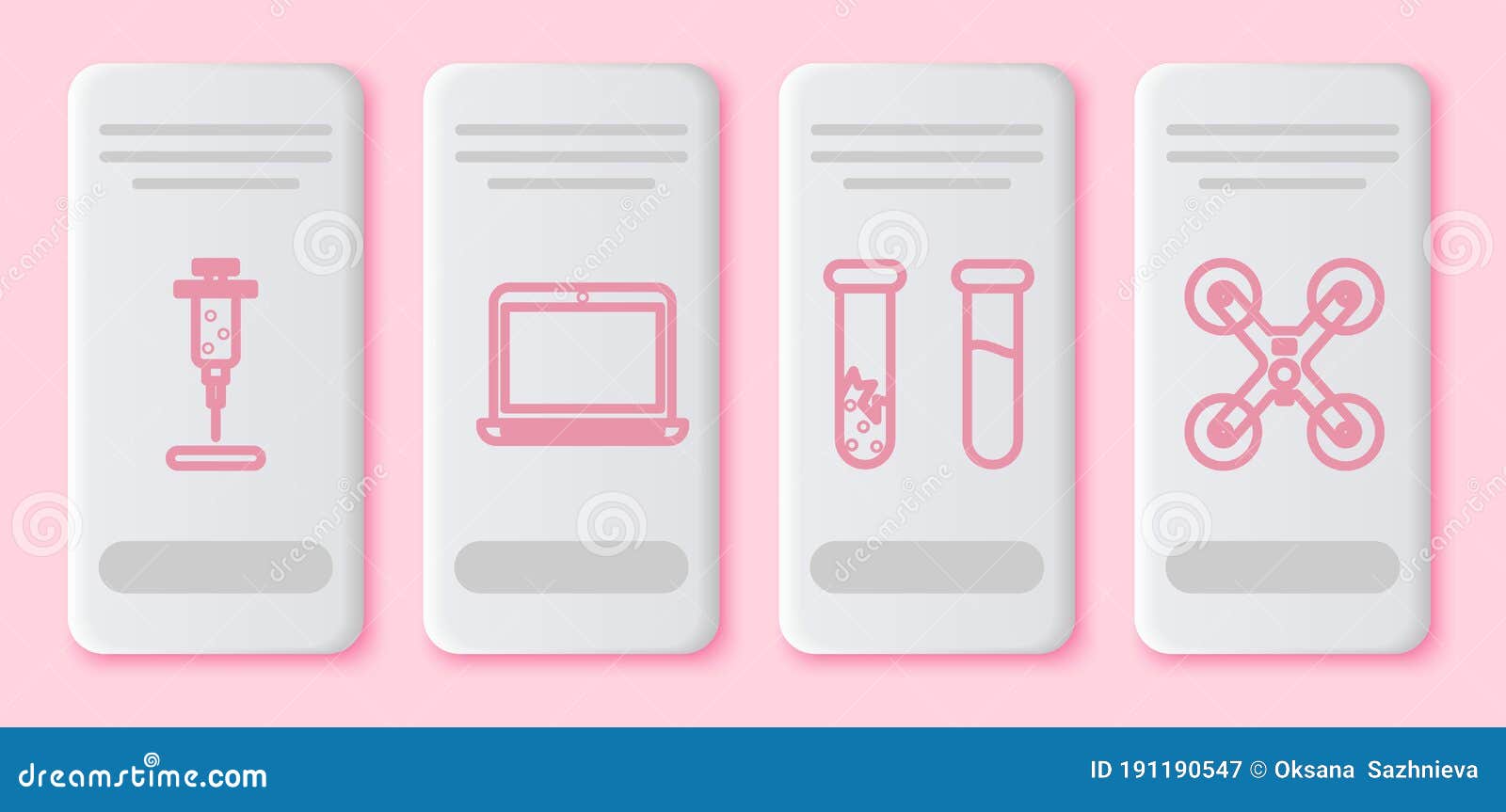 Set Line Syringe, Laptop, Test Tube and Flask and Drone Flying. White ...