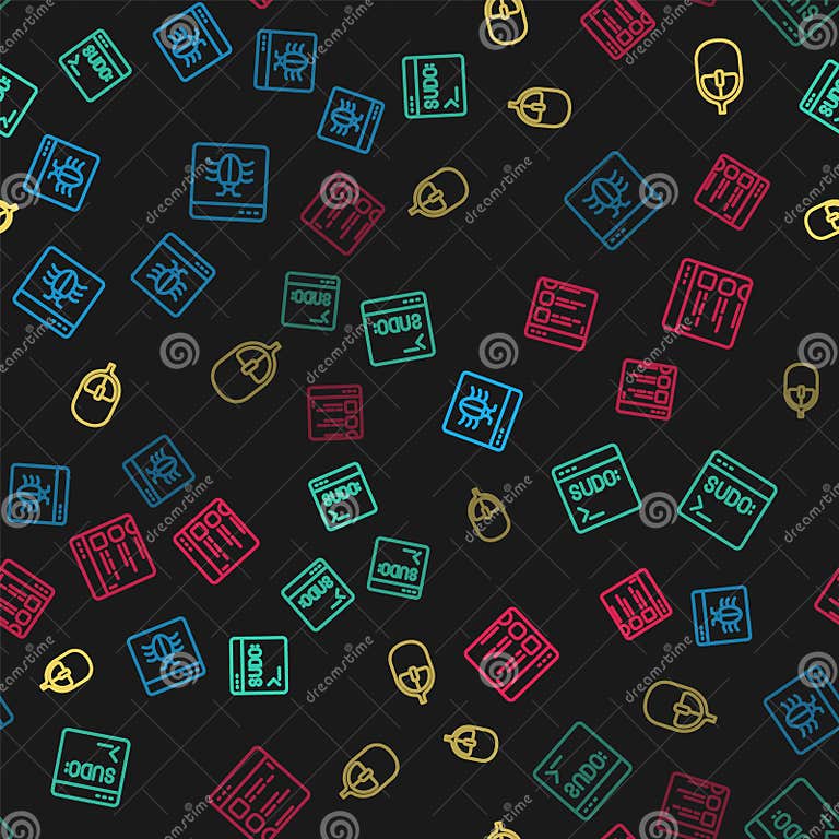 Set Line System Bug, Code Terminal, Computer Mouse and Browser Files on Seamless Pattern. Vector ...