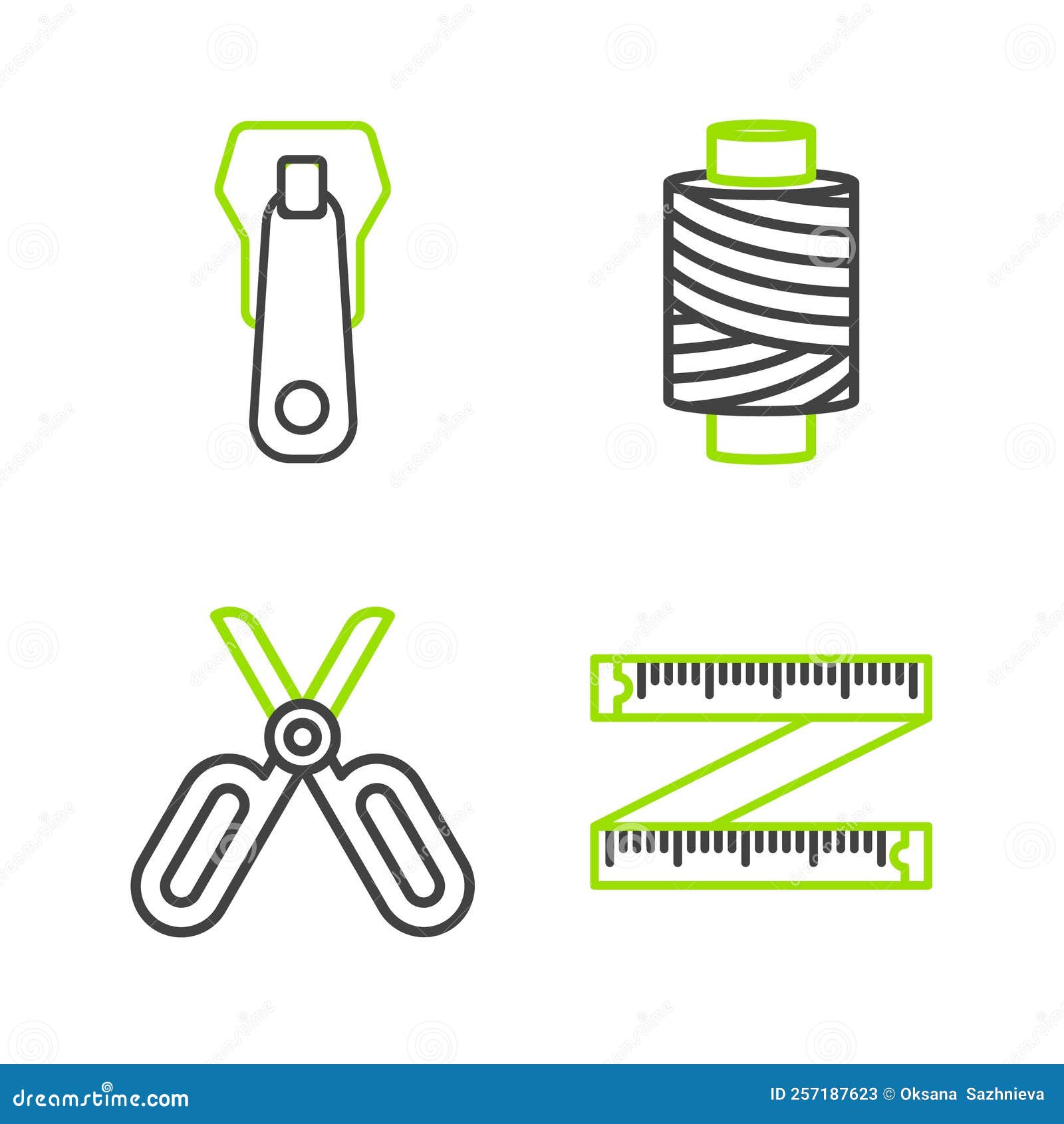 Set Line Tape Measure, Scissors, Sewing Thread on Spool and Zipper Icon ...