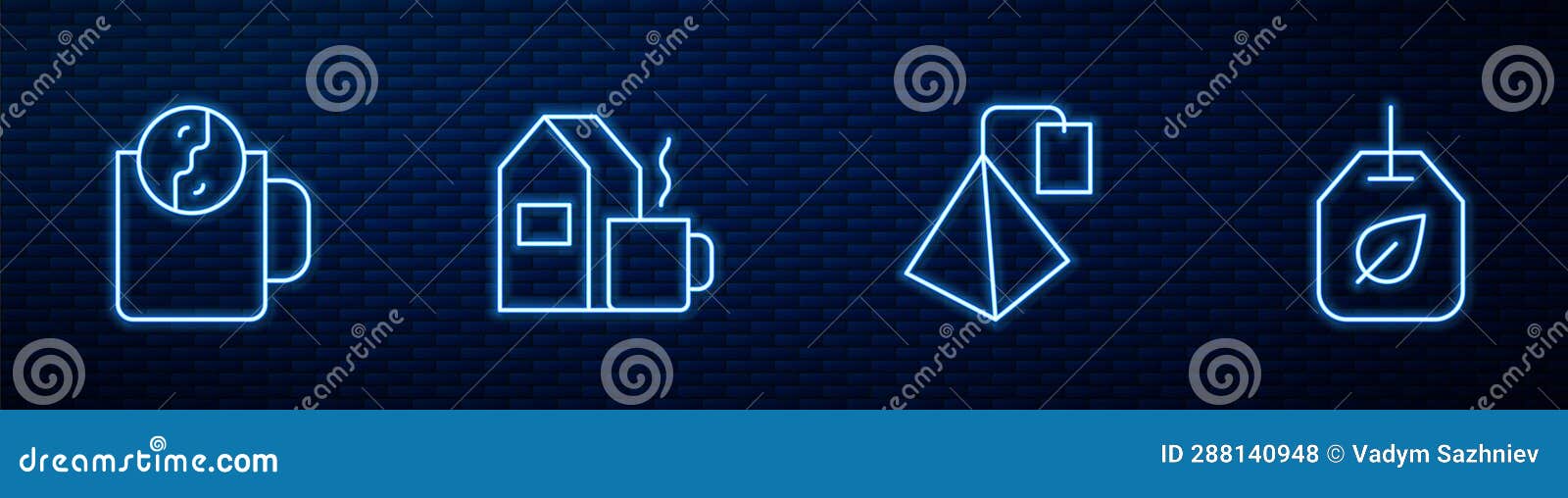 Set Line Tea Bag, Time, Cup of Tea with Milk and Leaf. Glowing Neon ...