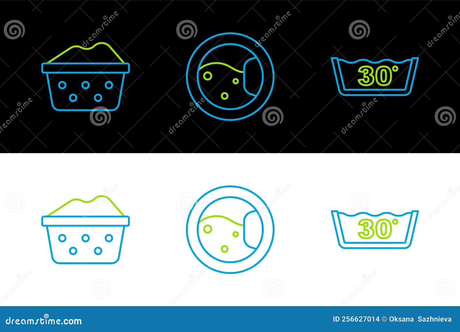 Set Line Temperature Wash, Basin with Soap Suds and Washer Icon. Vector ...