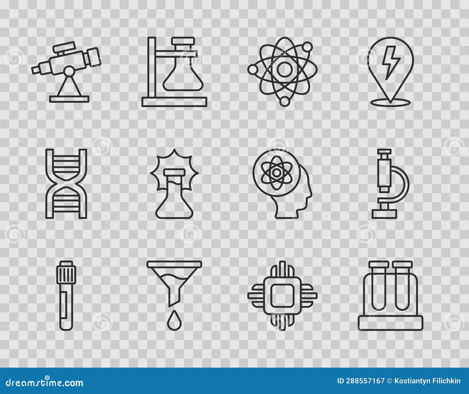 Set Line Test Tube, Atom, Funnel or Filter, Telescope, Explosion in the ... Set Line Test Tube, Atom, Funnel or Filter, Telescope, Explosion in the ...