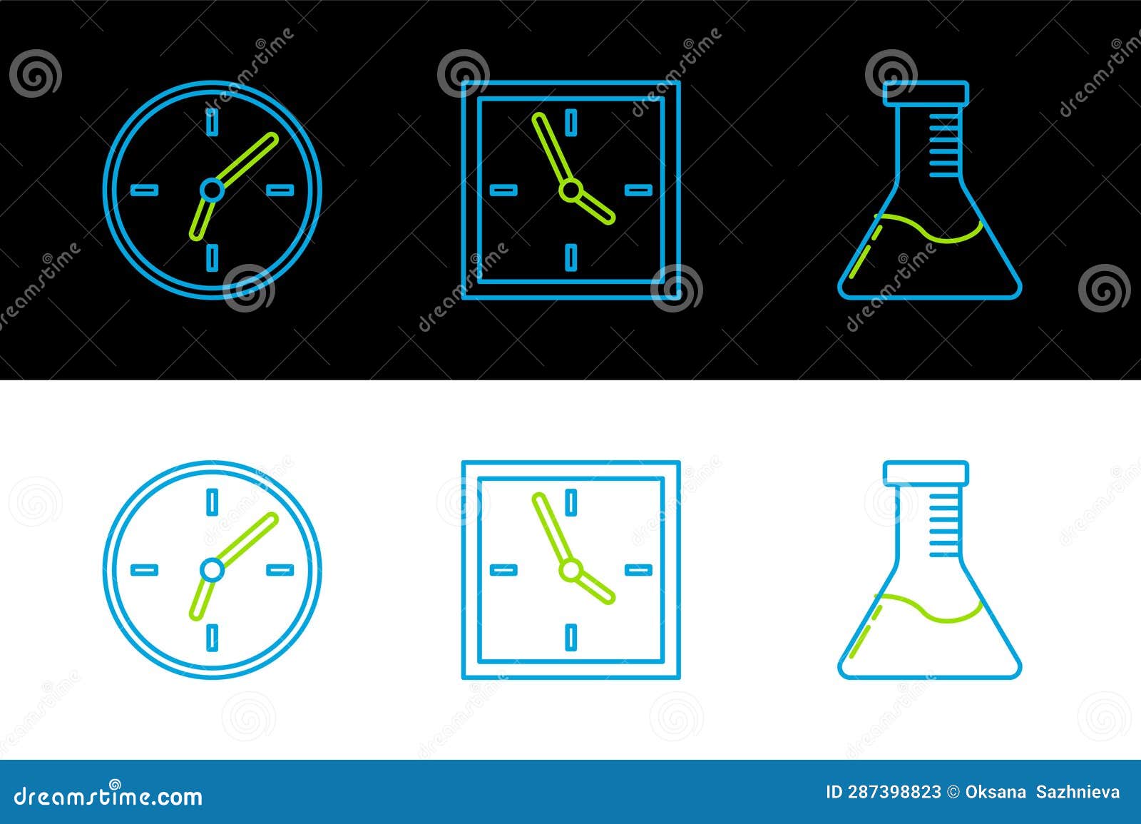 Set Line Test Tube and Flask Chemical Laboratory, Clock and Icon ...