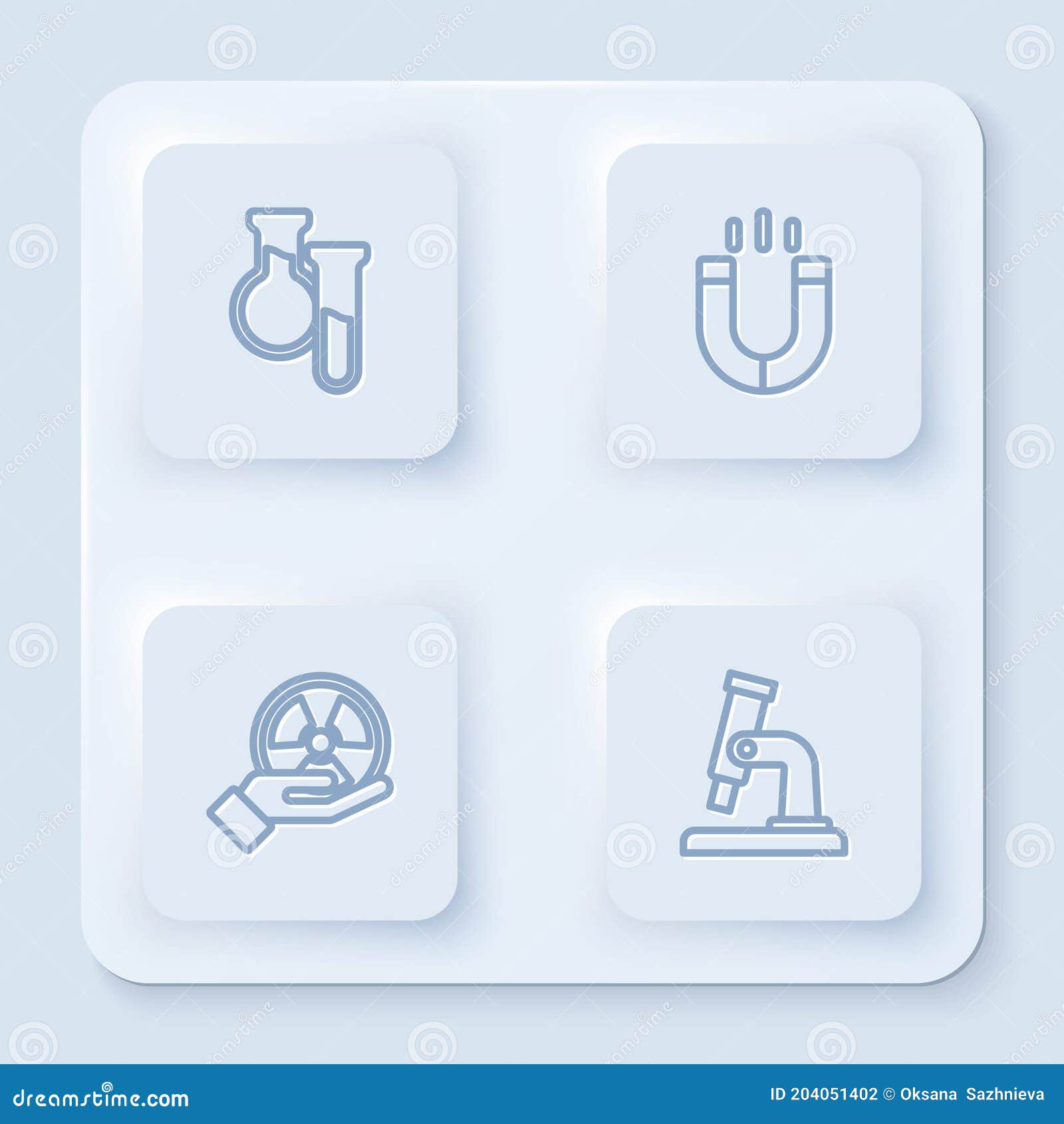 Set Line Test Tube and Flask, Magnet, Radioactive and Microscope. White ...
