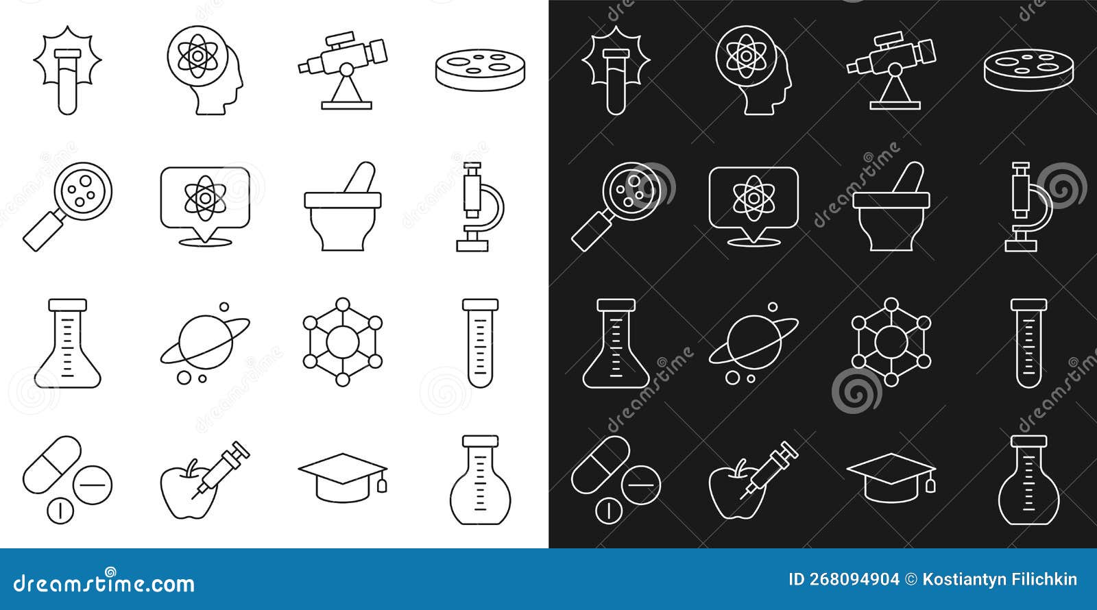 Set Line Test Tube, Microscope, Telescope, Atom, Microorganisms Under ... Set Line Test Tube, Microscope, Telescope, Atom, Microorganisms Under ...