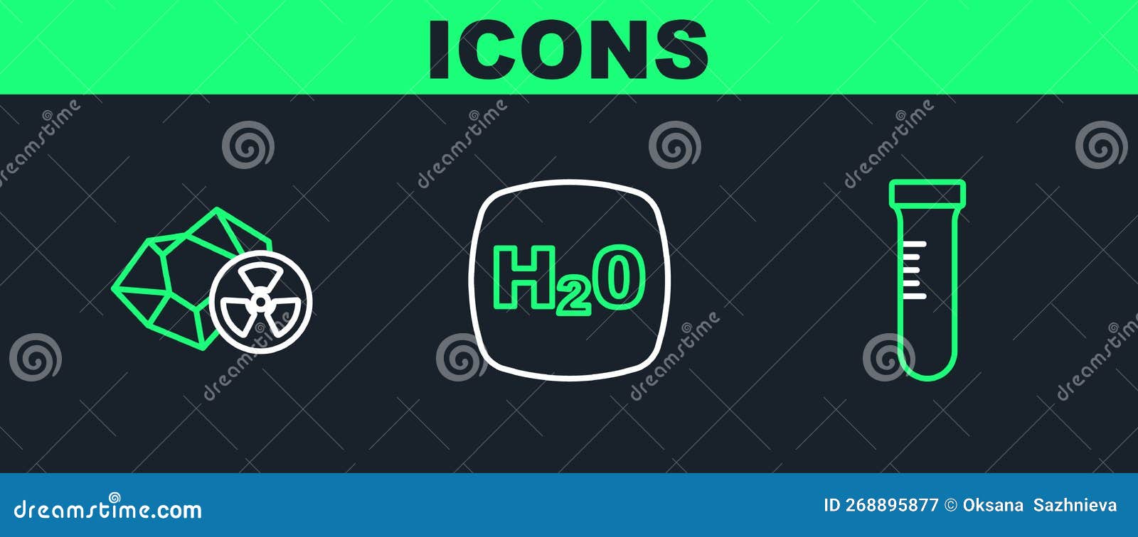 Set Line Test Tube, Radioactive and Chemical Formula H2O Icon. Vector ... Set Line Test Tube, Radioactive and Chemical Formula H2O Icon. Vector ...