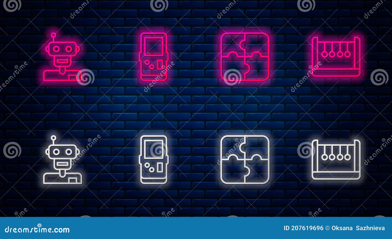 Set Line Tetris, Piece of Puzzle, Robot and Pendulum. Glowing Neon Icon ...
