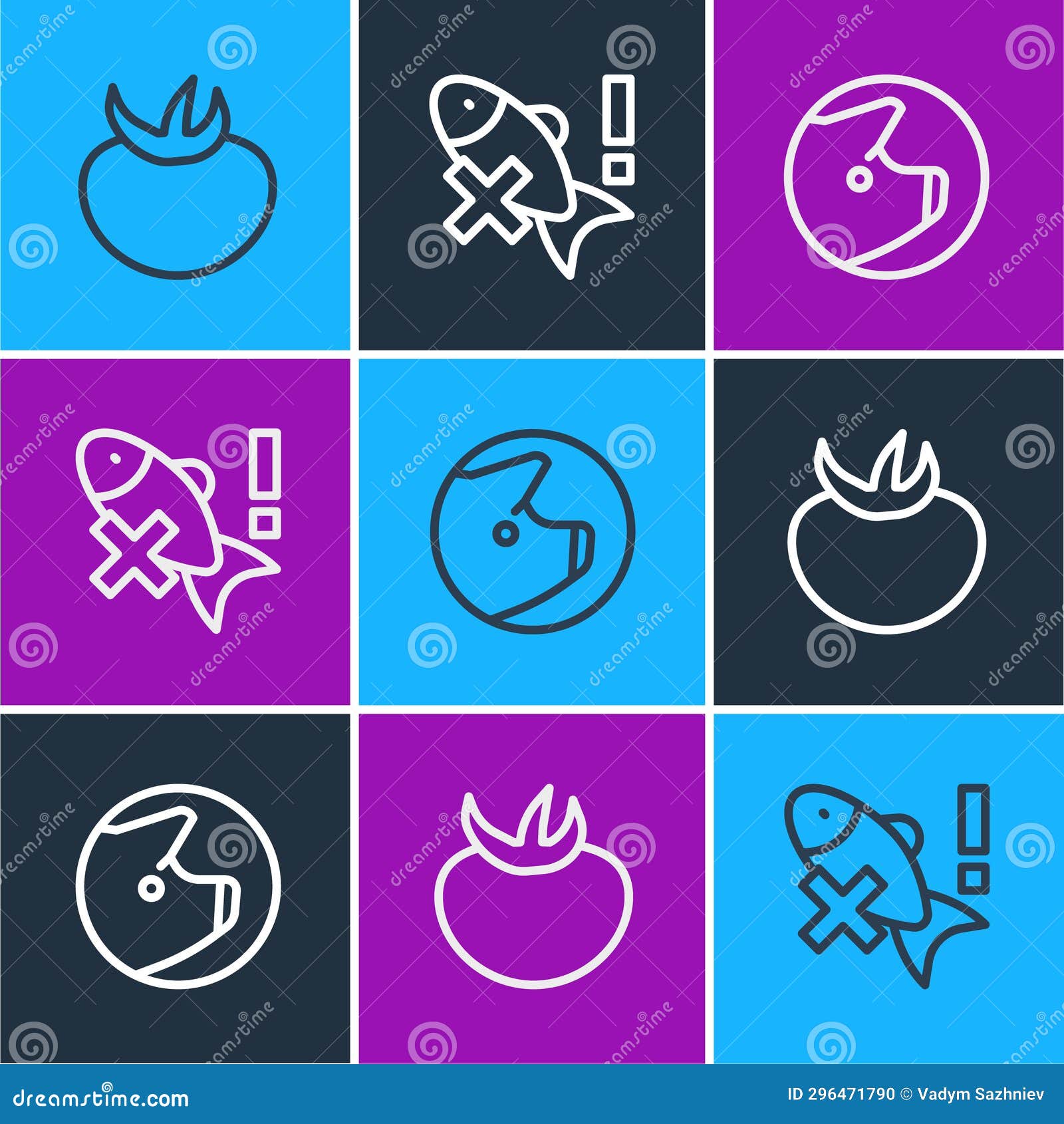Set Line Tomato, Pig and No Fish Icon. Vector Stock Illustration ...