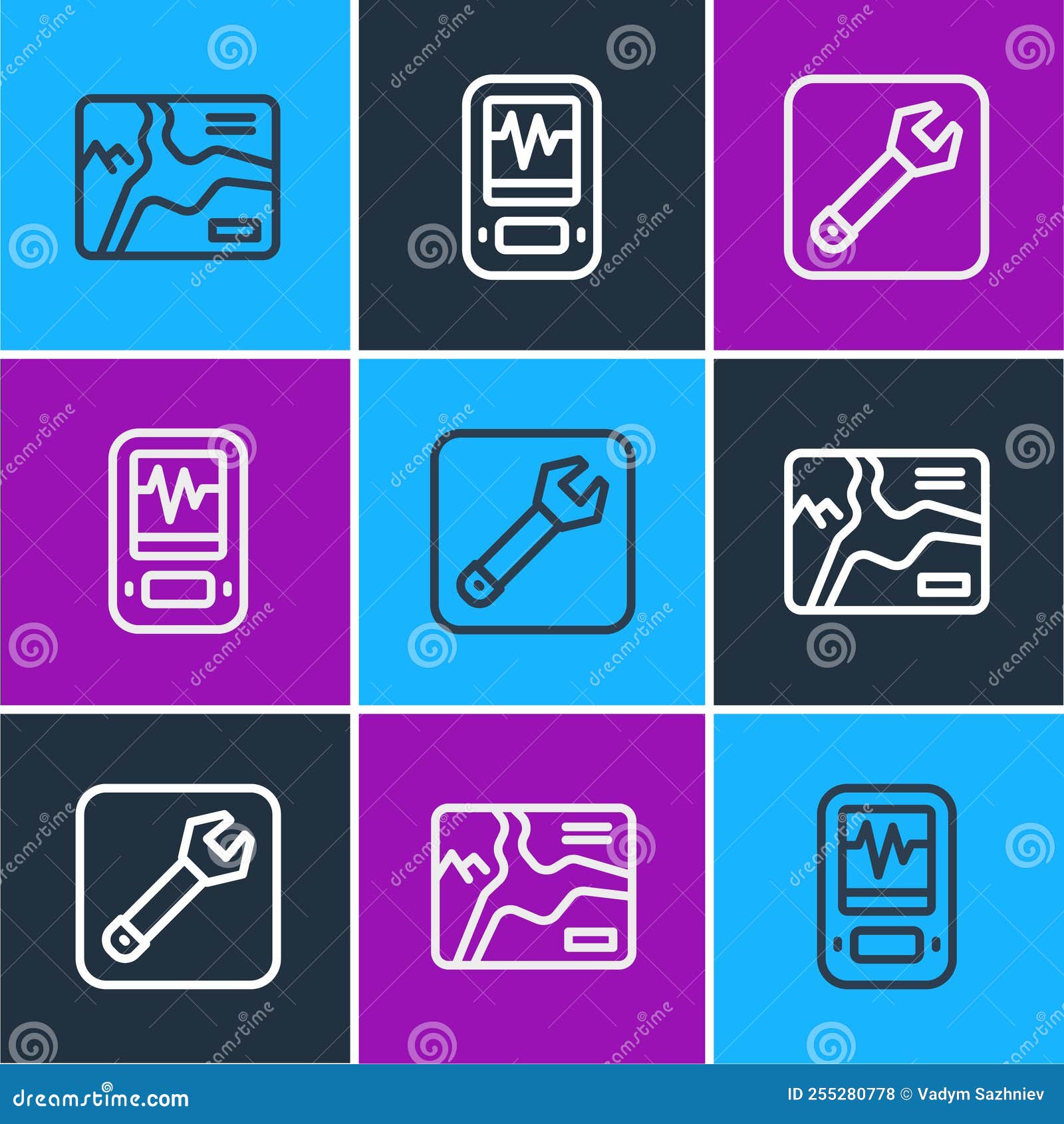 Set Line Topographic Map, Wrench Spanner and Seismograph Icon. Vector ... Set Line Topographic Map, Wrench Spanner and Seismograph Icon. Vector ...