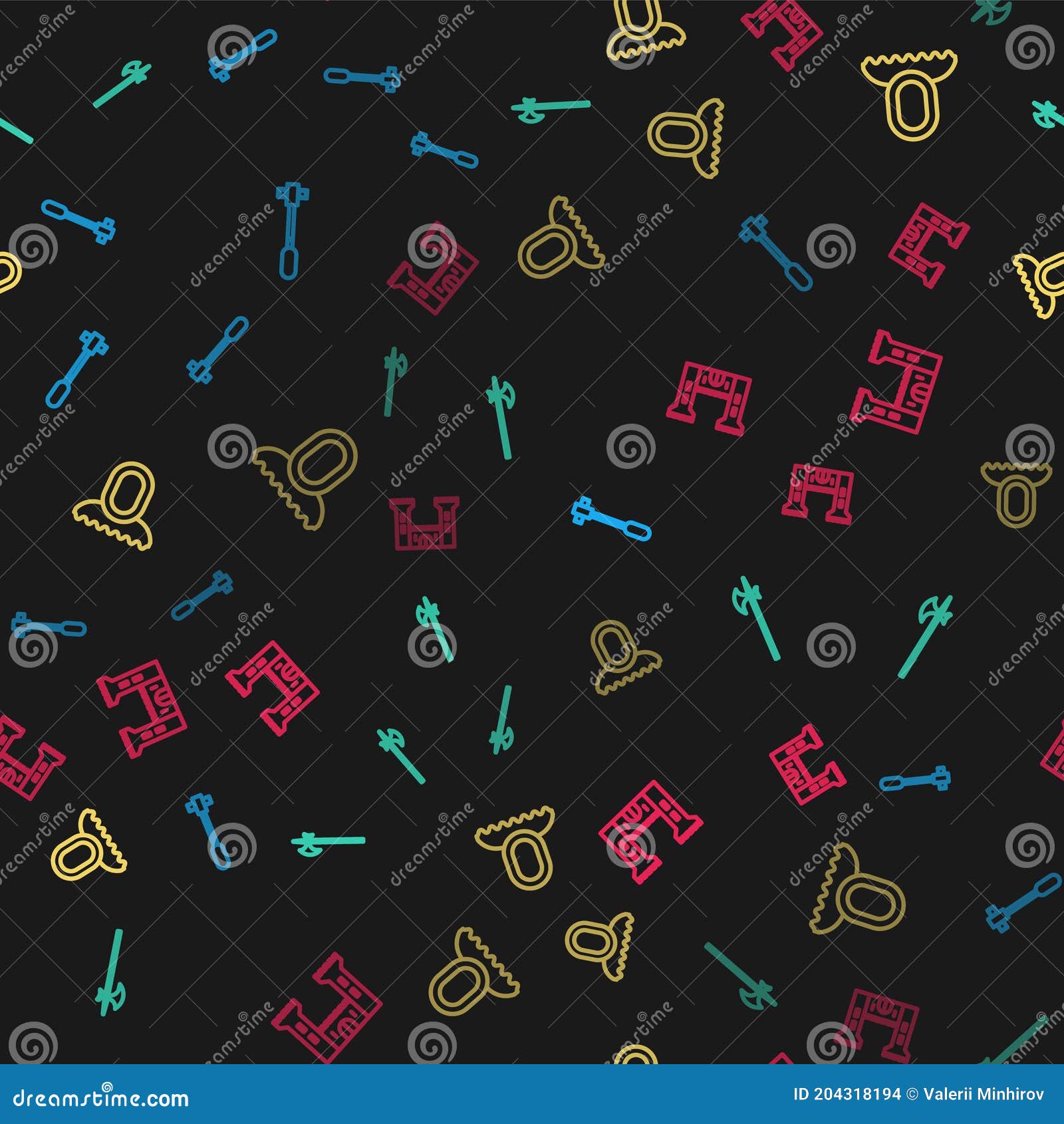 Set Line Torch Flame, Medieval Halberd, Hood and Castle on Seamless ...