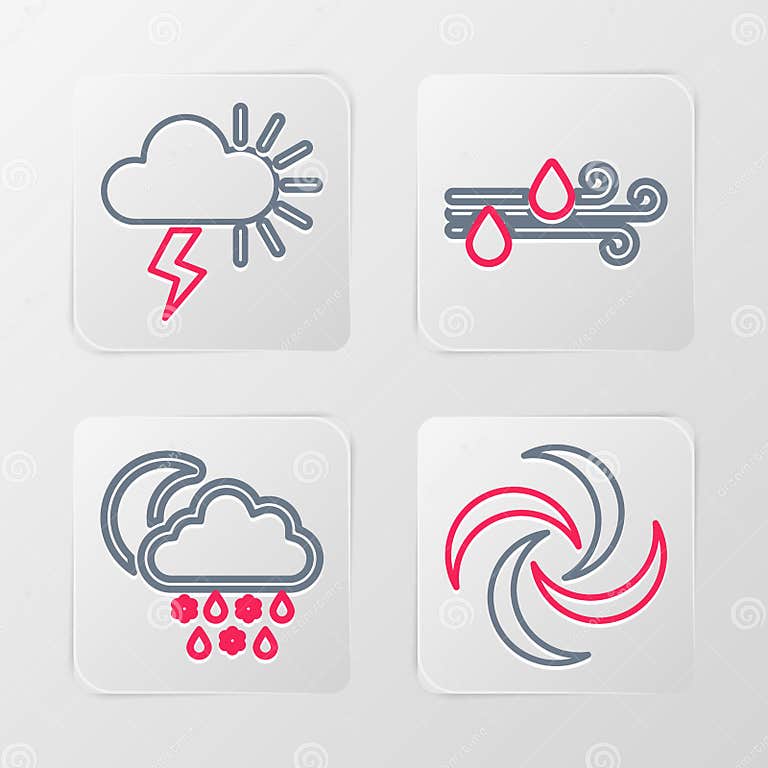 Set Line Tornado, Cloud with Snow, Rain, Moon, Wind and and Storm Icon ...