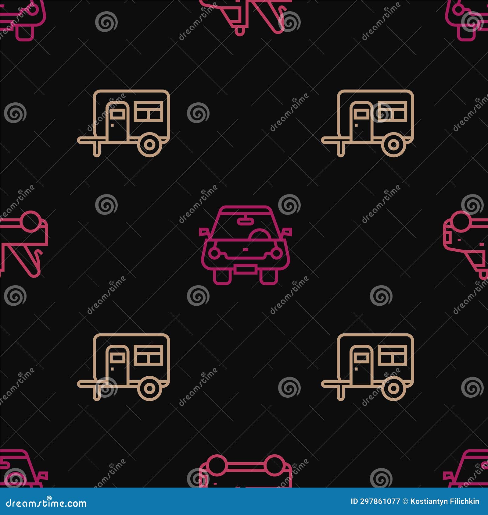 Set Line Tow Truck, Rv Camping Trailer and Car on Seamless Pattern ...