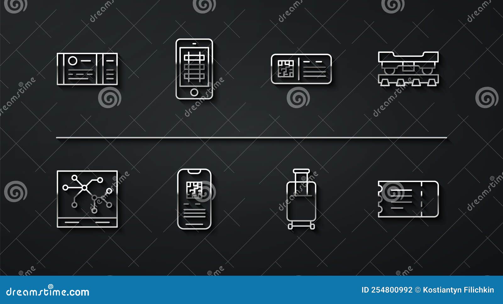 Set Line Train Ticket, Railway Map, Cargo Train Wagon, Suitcase, E ...
