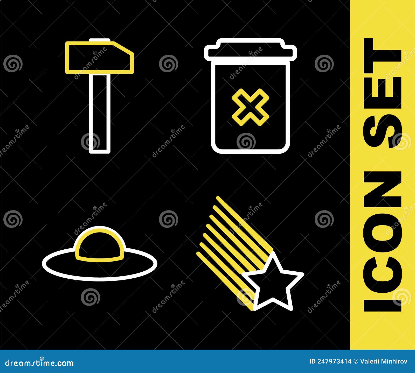 Set Line Trash Can, Falling Star, UFO Flying Spaceship and Hammer Icon ... Set Line Trash Can, Falling Star, UFO Flying Spaceship and Hammer Icon ...