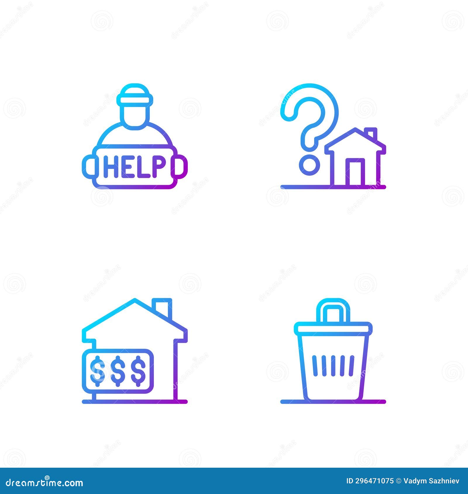 Set Line Trash Can, House with Dollar, Help Homeless and Question Mark ...