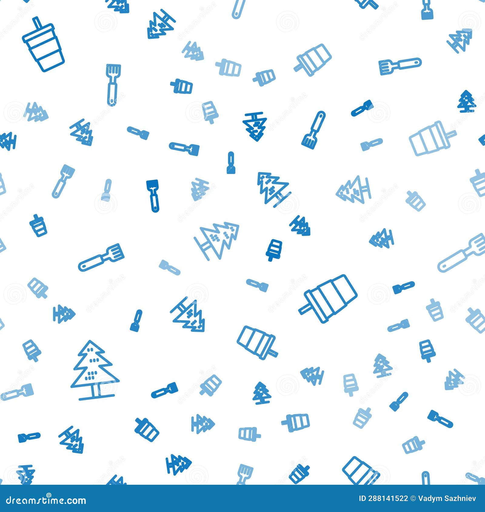 Set Line Tree, Paper Glass with Water and Fork on Seamless Pattern ...