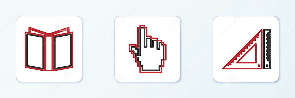 Set Line Triangular Ruler, Open Book and Pixel Hand Cursor Icon. Vector ...