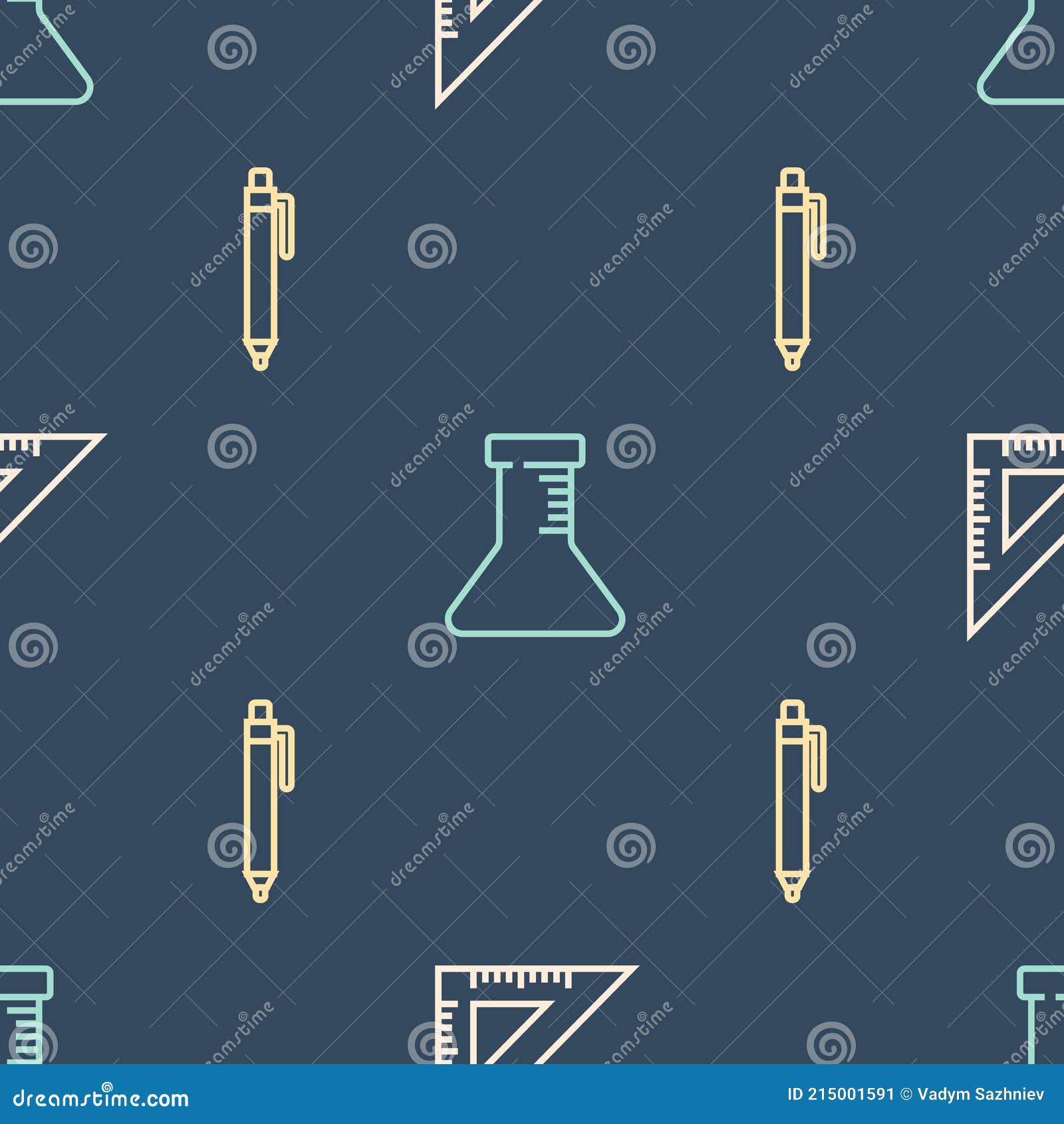 Set Line Triangular Ruler, Pen and Test Tube and Flask on Seamless ...