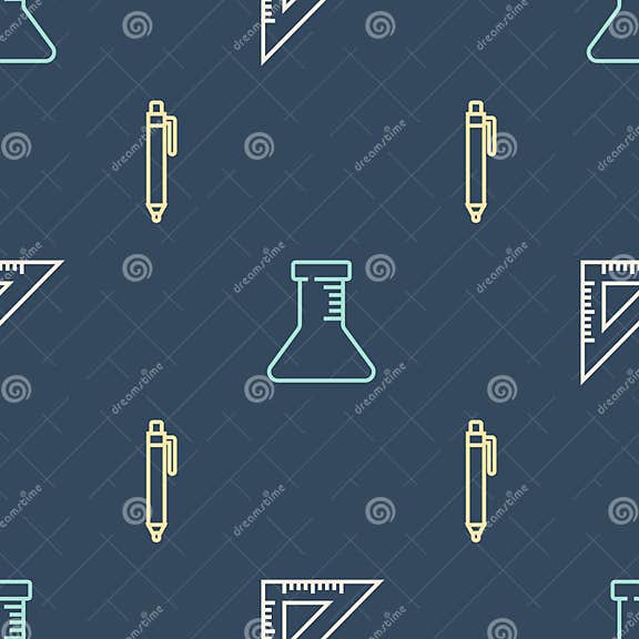 Set Line Triangular Ruler, Pen and Test Tube and Flask on Seamless ...